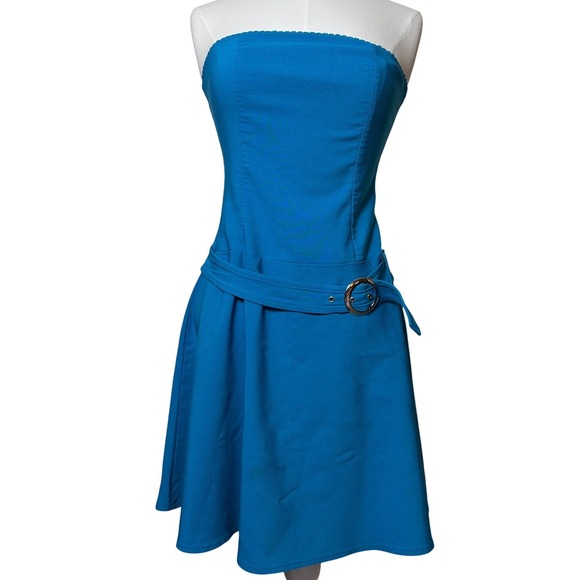 K scion | Dresses | Y2k Blue Strapless Belted Fit Flare Dress Lace Trim ...